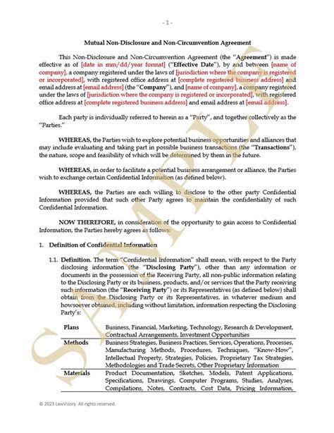 Mutual Non Disclosure Non Circumvention Agreement Lawvisory Legal Templates