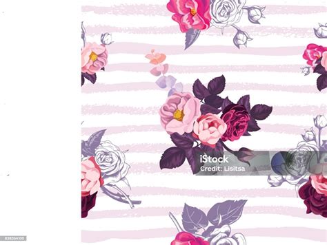 야생 장미 배경에 라일락 수평 페인트 산책로 대 한 작은 반 색 꽃다발과 화려한 식물 완벽 한 패턴입니다 축제 배경 섬유 인쇄에 대 한 벡터 일러스트입니다 0명에 대한 스톡
