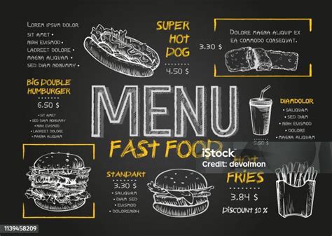 패스트 푸드 메뉴 커버 레이아웃 아침 식사 음료 및 칠판에 다른 메뉴 항목 패스트 푸드 메뉴 디자인 및 패스트 푸드 손으로 그린 벡터 일러스트 레이 션 햄버거 스케치와