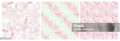 히비스커스 핑크 플라워 실루엣과 라인 아트 원활한 패턴 세트 섬유 직물 벽지 또는 스크랩북 종이 손으로 그린 꽃 열 대 그림