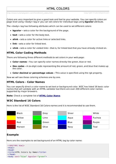 Html Colors Not Applicable Tutorialspoint Html Html Colors Htm Copyright Tutorialspoint