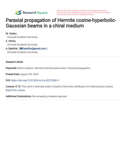Pdf Paraxial Propagation Of Hermite Cosine Hyperbolic Gaussian Beams
