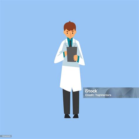 남성 전문 의사 문자 클립 보드를 들고 그것에 메모를 복용 의료 클리닉 또는 병원의 노동자 흰색 실험실 코트 벡터 일러스트 레이 션 O 과학에 대한 스톡 벡터 아트 및 기타