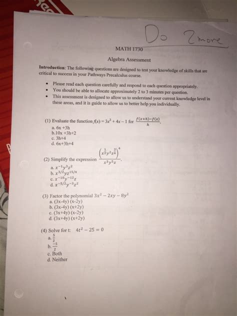 Solved Math 1730 Algebra Assessment Introduction The