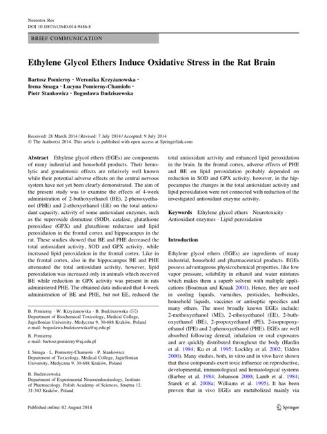 Pdf Ethylene Glycol Ethers Induce Oxidative Stress In The Rat Brain