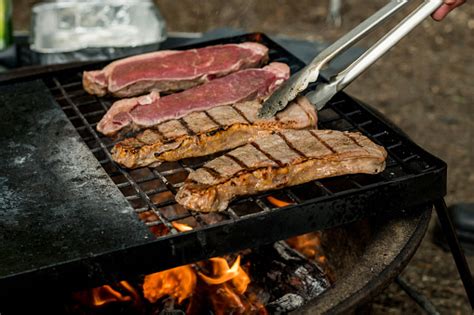 캠프 파이어에서 주철 그릴 접시에 굽는 쇠고기 스테이크 캠프 파이어 요리 야외 바베큐 고기에 대한 스톡 사진 및 기타 이미지 고기 구이 굽기 Istock