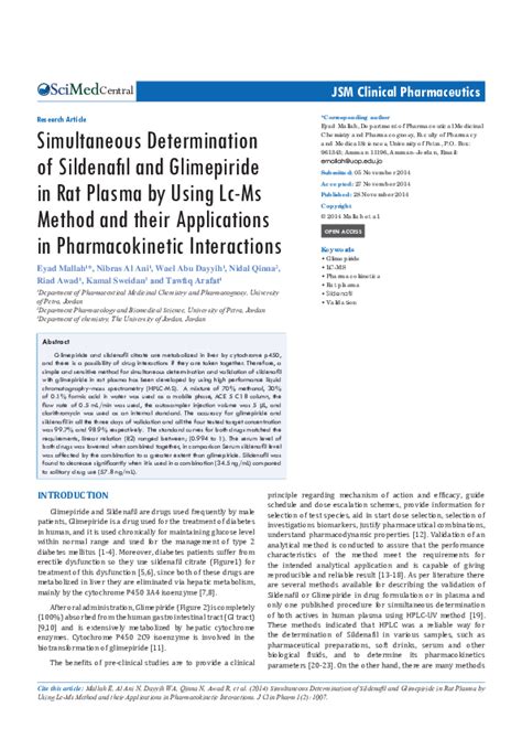 Pdf Simultaneous Determination Of Sildenafil And Glimepiride In Rat
