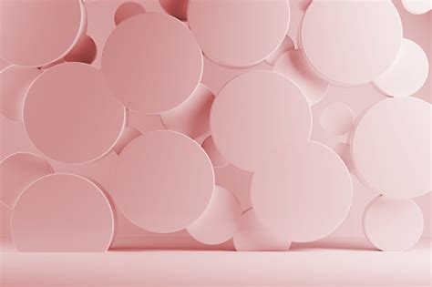 밝은 분홍색 추상 무대 모형 부드러운 빛나는 배경에 비행 플라스틱 원 템플릿 3d 일러스트 레이션 젠틀 기하학적 장면 프리젠