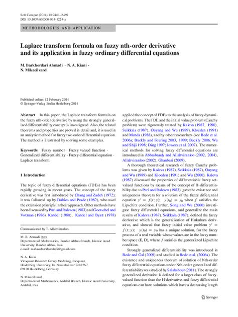 Pdf Laplace Transform Formula On Fuzzy Nth Order Derivative And Its Application In Fuzzy