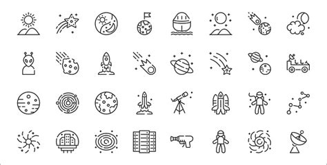 위성 접시 우주 비행사 빅 데이터 은하 우주 비행사 지구 달 로버 토성 소행성과 같은 32 개의 공간 얇은 윤곽 아이콘 세트 아이콘에 대한 스톡 벡터 아트 및 기타 이미지