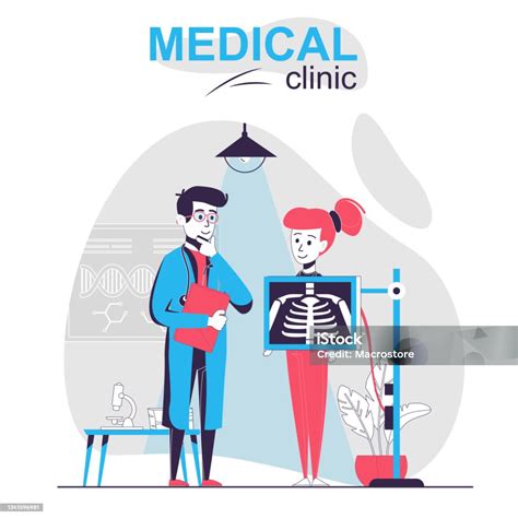 의료 클리닉 고립 만화 개념 여자는 흉부 엑스레이를 만들고 의사는 환자를 검사하고 평평한 디자인의 사람들 장면을 검사합니다