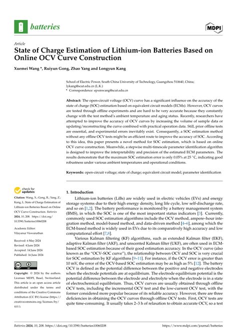 Pdf State Of Charge Estimation Of Lithium Ion Batteries Based On