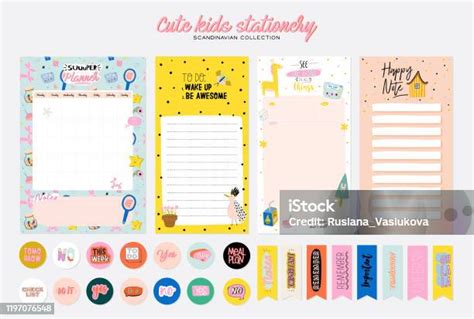 주간 또는 일일 플래너 노트 종이 할 목록 귀여운 아이 일러스트레이션과 영감 따옴표로 장식 스티커 템플릿의 컬렉션 리스트에 대한 스톡 벡터 아트 및 기타 이미지 Istock