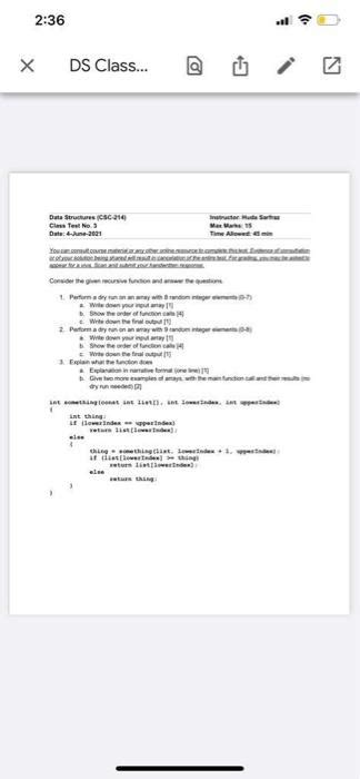 Solved Consider The Given Recursive Function And Answer The