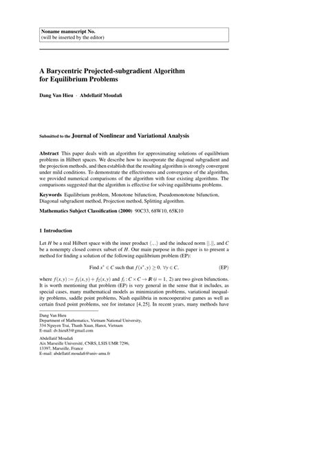Pdf A Barycentric Projected Subgradient Algorithm For Equilibrium