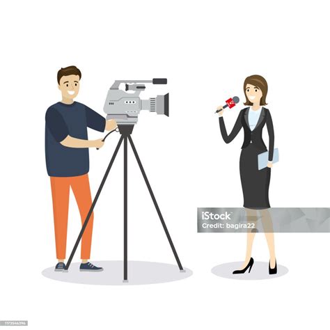 속보 일러스트 마이크와 카메라맨과 아름다운 여성 기자 경영자에 대한 스톡 벡터 아트 및 기타 이미지 경영자 남자 뉴스 캐스터 Istock