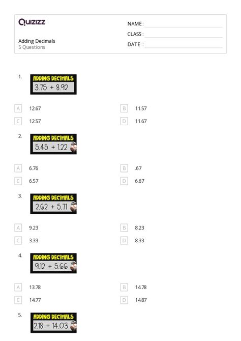 50 Adding Decimals Worksheets For 3rd Year On Quizizz Free Printable