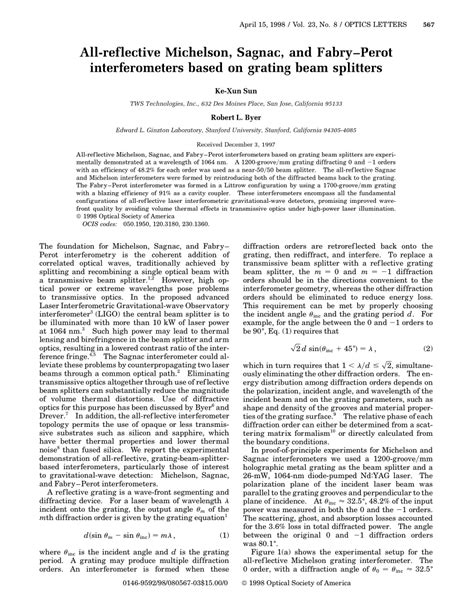 Pdf All Reflective Michelson Sagnac And Fabry Perot Interferometers Based On Grating Beam