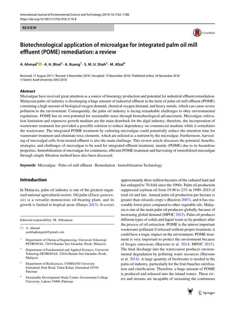 Pdf Biotechnological Application Of Microalgae For Integrated Palm Oil Mill Effluent Pome