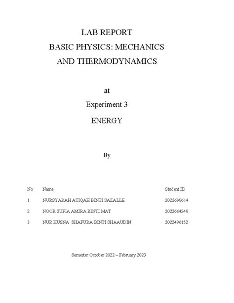 LAB Report PHY EXP3 LAB REPORT BASIC PHYSICS MECHANICS AND THERMODYNAMICS At Experiment 3