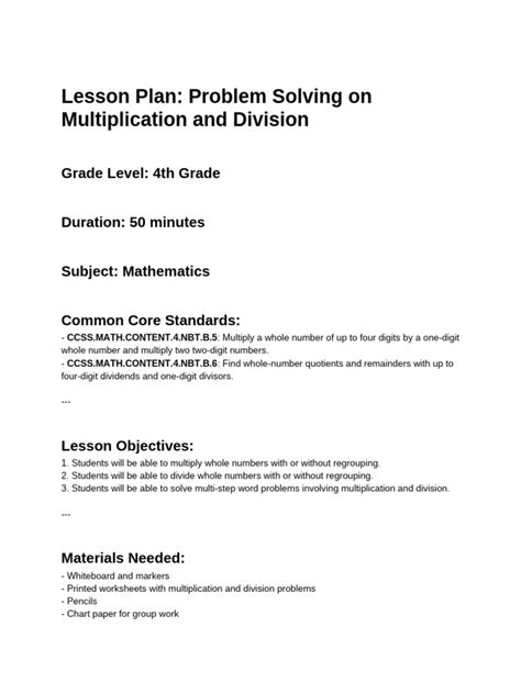 Lesson Plan Problem Solving On Multiplication And Division Pdf