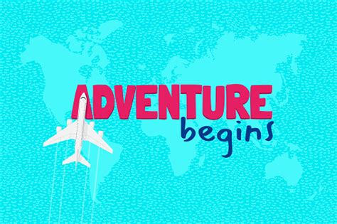모험은 세계지도 대륙 위의 동기 부여 텍스트와 비행 비행기를 시작합니다 관광 여행자 영감 인용 레터링 인사말 카드 디자인 템플릿입니다 벡터 여정 일러스트레이션 개념에 대한
