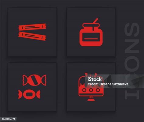 접시에 케이크 설탕 스틱 패킷 꿀 항아리 및 사탕 아이콘을 설정합니다 벡터 가방에 대한 스톡 벡터 아트 및 기타 이미지 가방