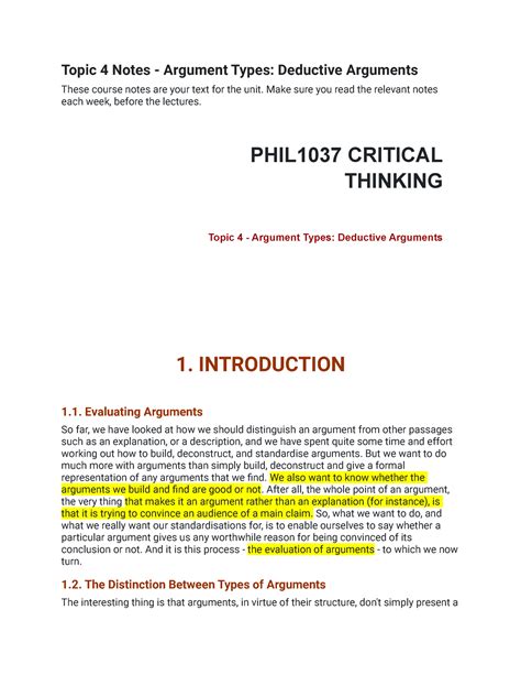 Topic 4 Notes Argument Types Deductive Arguments Topic 4 Notes