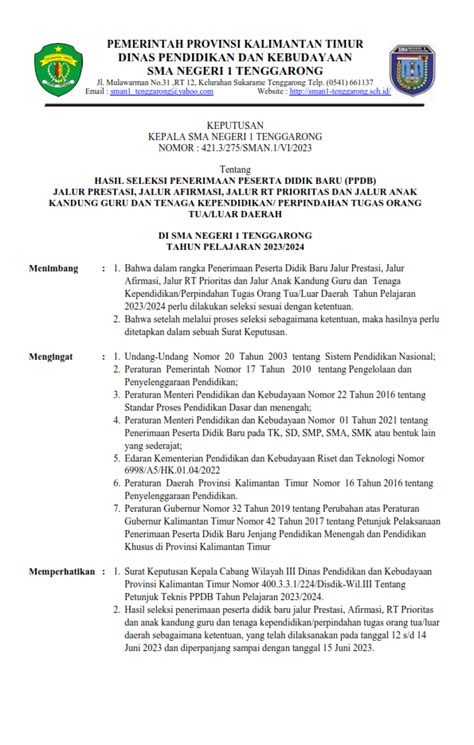 PENGUMUMAN HASIL PPDB GELOMBANG I TAHUN PELAJARAN 2023 2024 SMAN 1 TENGGARONG