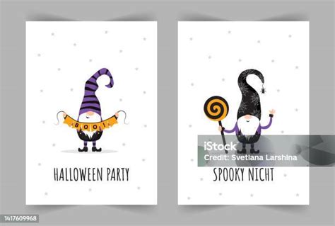 할로윈 인사말 카드 세트 귀여운 스칸디나비아 놈 무시무시한 나이트 파티 초대장 포스터 또는 전단지 만화 스타일의 벡터 일러스트레이션 무서운 축제 요소가있는 휴일 배경 패턴에