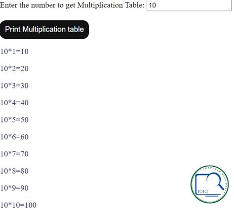 javascript and html code to print multiplication table of given number
