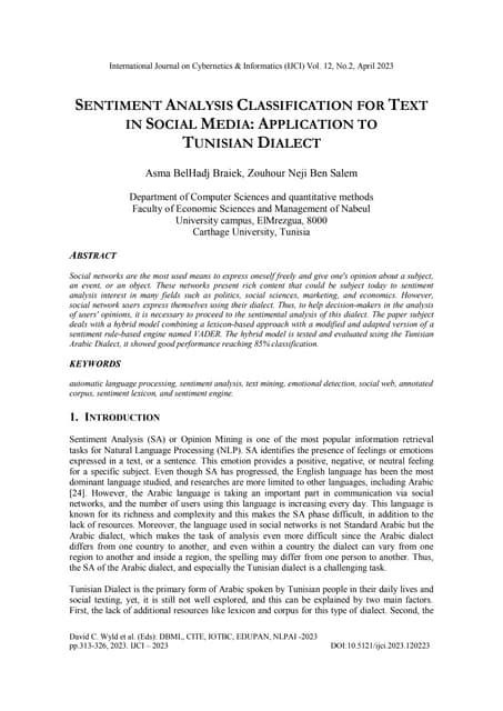 Sentiment Analysis Classification For Text In Social Media Application To Tunisian Dialect Pdf