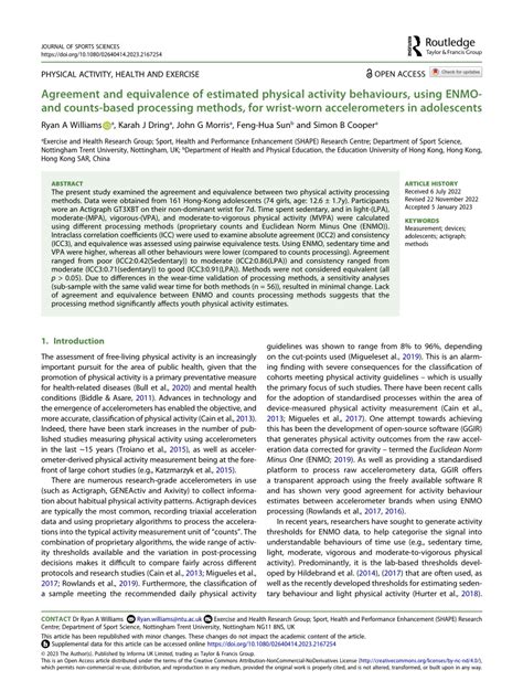 Pdf Agreement And Equivalence Of Estimated Physical Activity Behaviours Using Enmo And