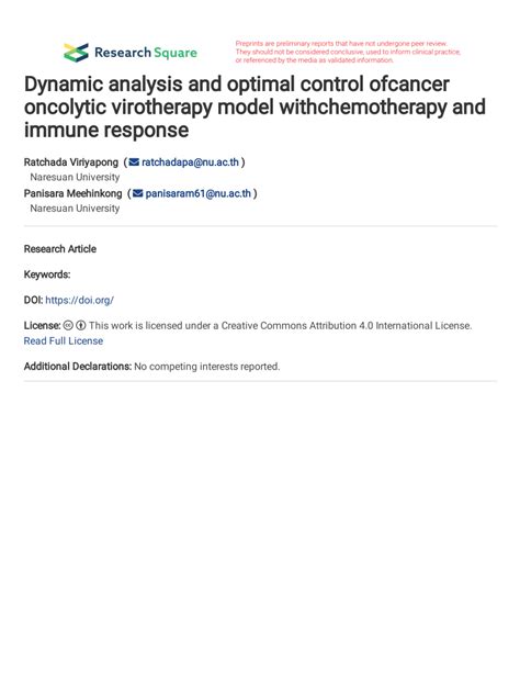 Pdf Dynamic Analysis And Optimal Control Of Cancer Oncolytic Virotherapy Model With