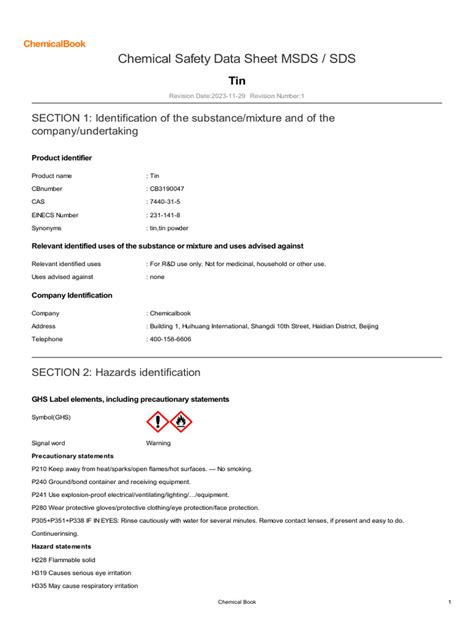 Chemical Safety Data Sheet Msds Sds Section 1 Identification Of The