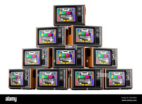 Stack Of Vintage Tv Sets With Test Card Tv 3d Rendering Isolated On White Background Stock