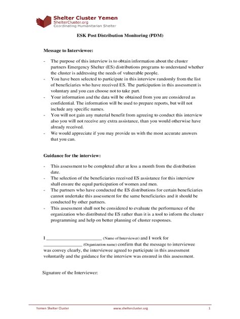 Fillable Online Post Distribution Monitoring For Shelter And Nfi