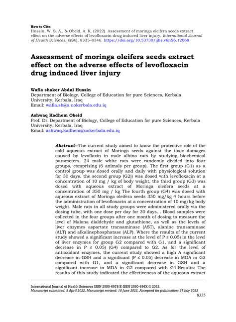 Pdf Assessment Of Moringa Oleifera Seeds Extract Effect On The Adverse Effects Of Levofloxacin