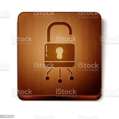 갈색 사이버 보안 아이콘흰색 배경에 격리 디지털 회로 기판의 폐쇄형 자물쇠 안전 개념 디지털 데이터 보호 나무 사각형 버튼입니다 벡터 일러스트레이션 개념에 대한 스톡 벡터