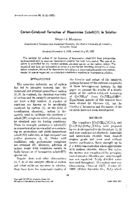 Pdf Carbon Catalyzed Formation Of Hexammine Cobalt Iii In Solution