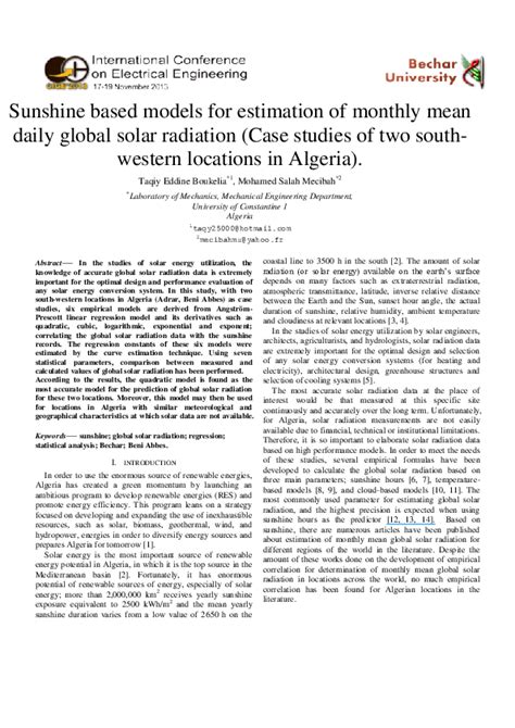 Pdf Sunshine Based Models For Estimation Of Monthly Mean Daily Global