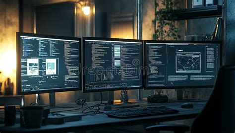 Triple Monitor Setup Displaying Code And Software Interface In A Dark Professional Workspace