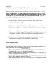 PS ECON A W Pdf ECON A Dr Levkoff Problem Set Money Metric Utility Welfare And