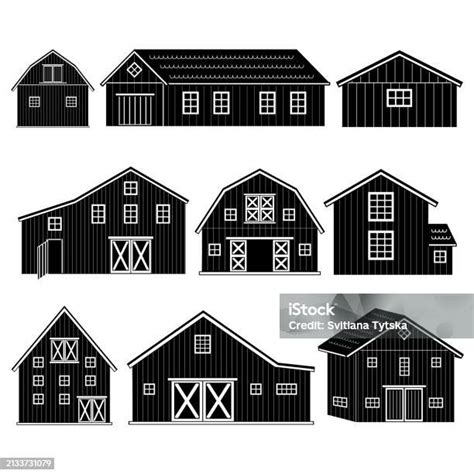 창문 문이 있는 검은색 흰색 나무 저장 헛간 또는 농가의 큰 세트 흰색 배경에 고립된 집 아이콘 또는 로고 로고에 대한 스톡 벡터 아트 및 기타 이미지 Istock