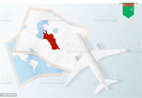 투르크메니스탄 투르크메니스탄의 지도와 국기가 있는 최고 전망 비행기로 여행하세요 관광에 대한 스톡 벡터 아트 및 기타 이미지 관광 관광객 기 Istock