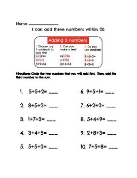 Adding 3 Numbers Within 20 Worksheet By LTWTeachingFirst TPT