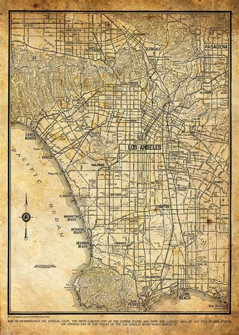 1944 Los Angeles City Street Map Vintage 13x19 Sepia Grunge Print