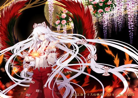 Bow Fire Flowers Fujiwara No Mokou Long Hair Moon Night Red Eyes