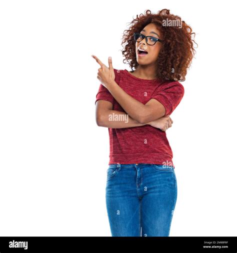 Black Woman Pointing Finger And Studio With Wow Beauty Or Casual Clothes By White Background