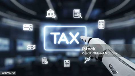 디지털 워크스페이스에서 세금 아이콘과 상호 작용하는 미래형 로봇 손은 재무 및 회계 기술 솔루션의 혁신을 나타냅니다 오바나 0명에 대한 스톡 사진 및 기타 이미지 Istock